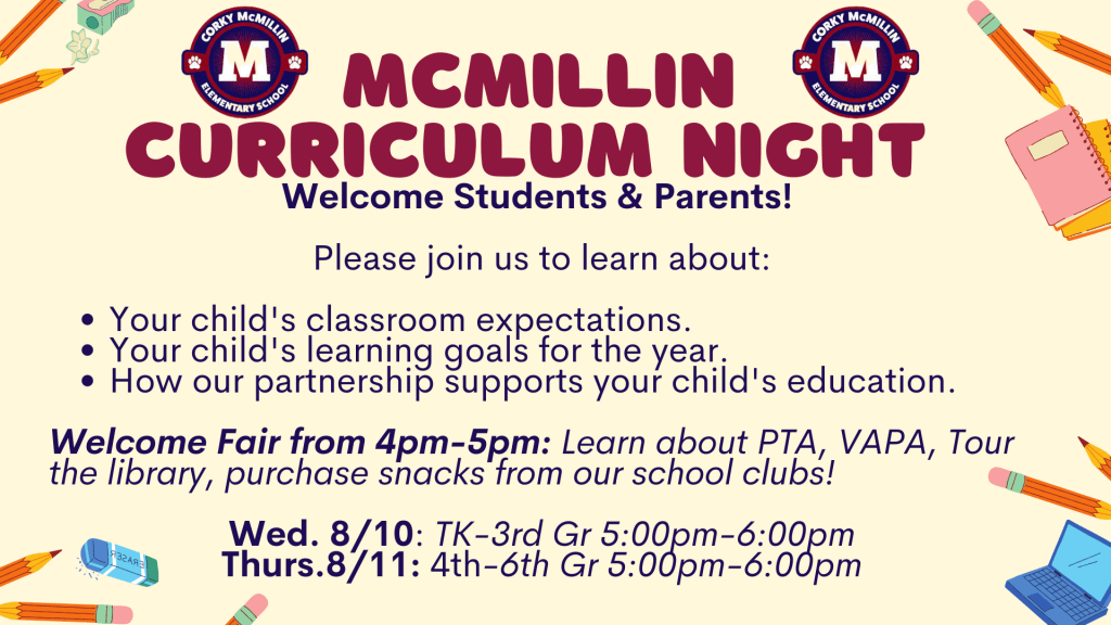 Upcoming Events – McMillin Elementary School